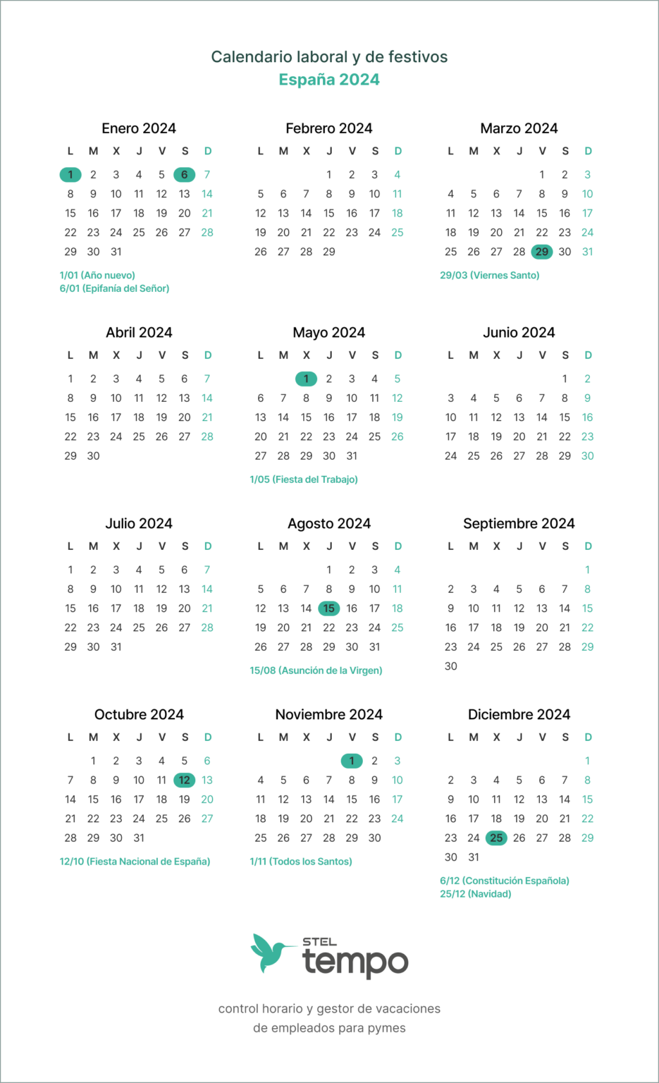Calendario laboral, festivos y puentes de 2024 en España
